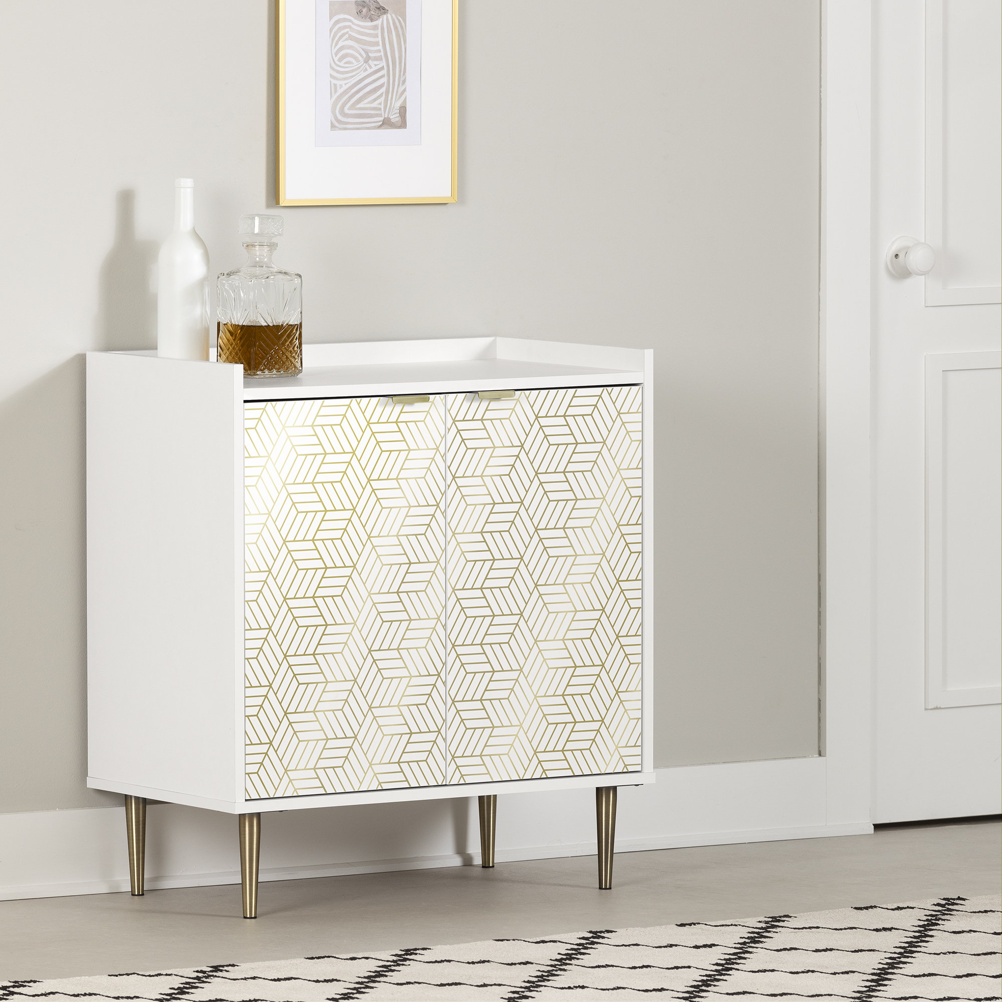 South Shore 2 Door Storage Cabinet White and Gold Hype